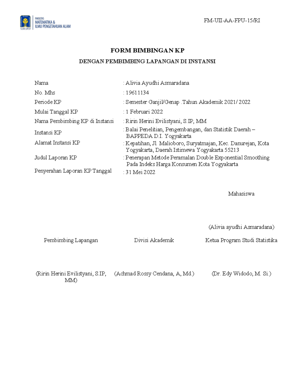 19611134 Alivia A A Form Bimbingan DPL - FM-UII-AA-FPU-15/RI FORM ...