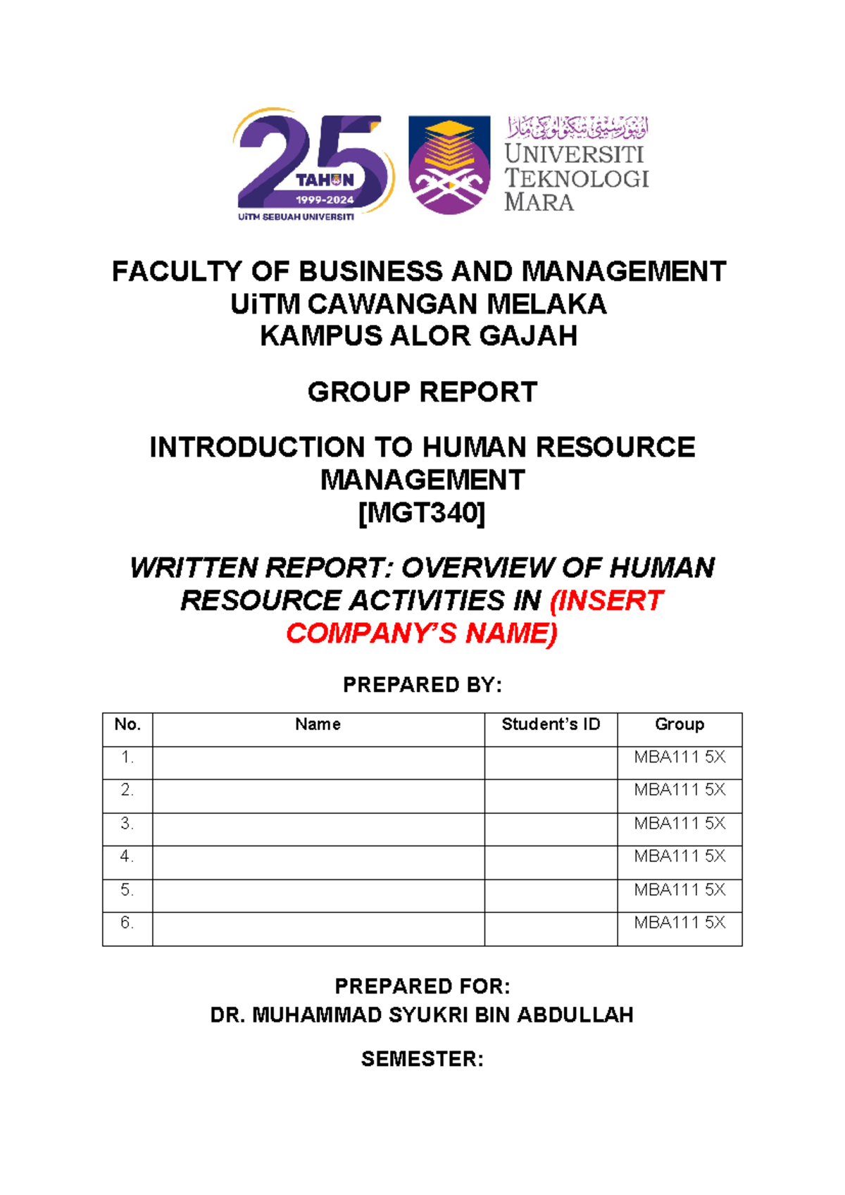 Group Report (MGT340) - Written Report Template - FACULTY OF BUSINESS ...