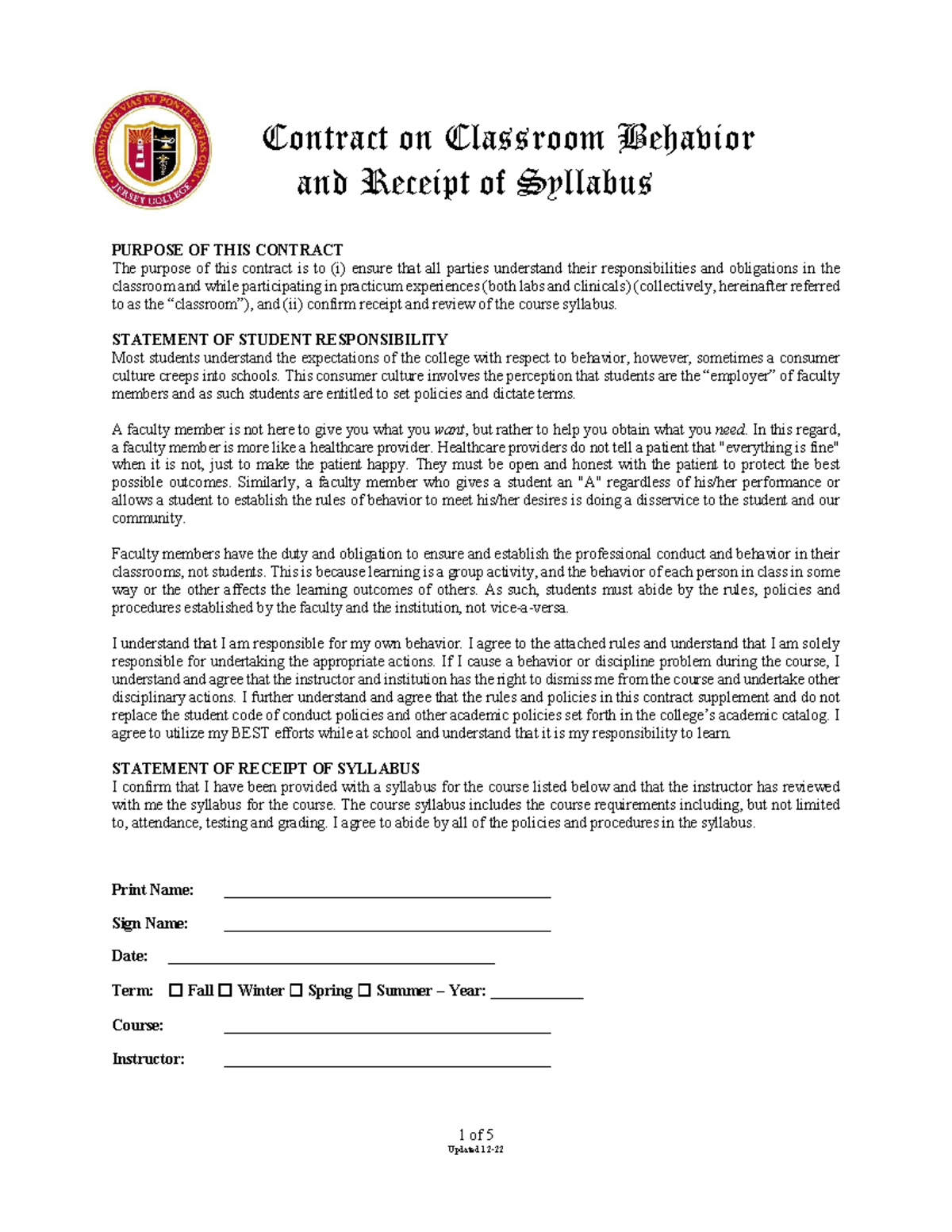 Classroom Behavior and Confirmation of Syllabus Contract - 12-22 - 1 of ...