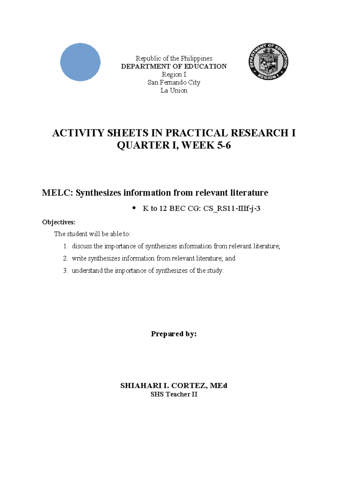 Practical Research 1 Q1 MELC- AS P2 - ####### Republic of the ...
