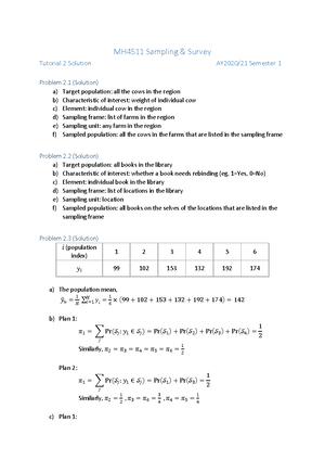 MH4511 Sampling & Survey Midterm 2019 Solution - MH4511 - NTU - Studocu