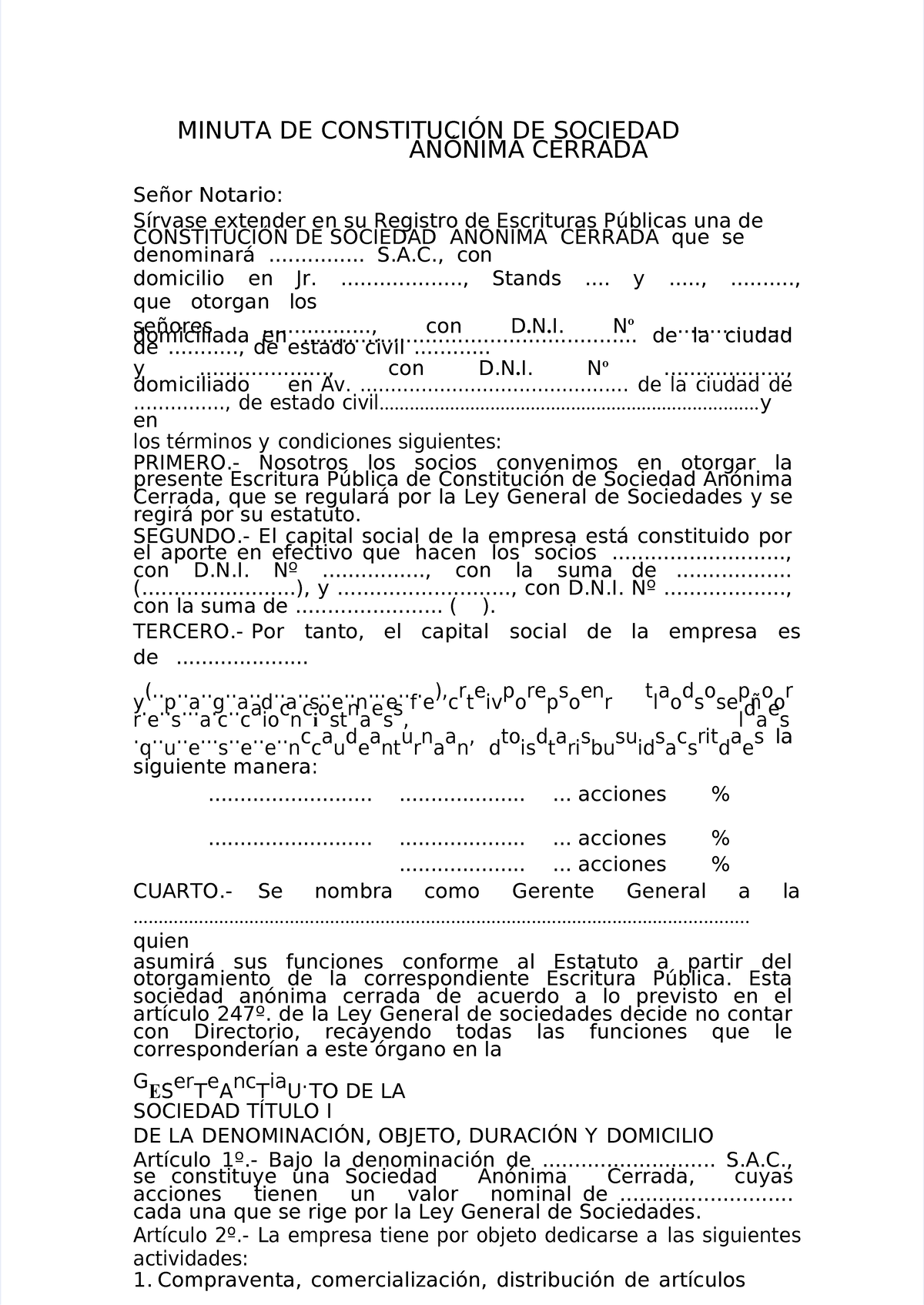 Pdf minuta de constitucion de sociedad anonima cerrada - MINUTA DE CONSTITUCIÓN DE SOCIEDAD ...