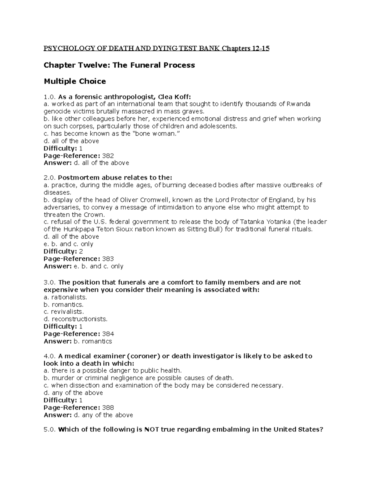 Psychology OF Death AND Dying TEST BANK Chapters 12-15 - Psyc3570 - U ...