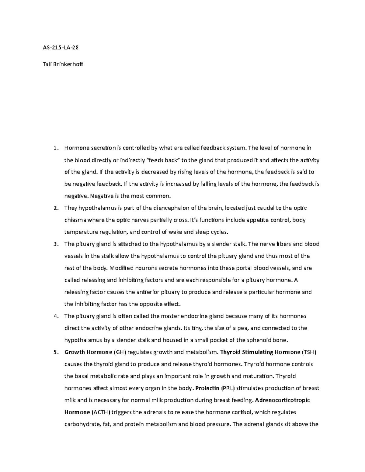AS 215 LA 28 - Lecture notes 28 - Tali Brinkerhoff 1. Hormone secretion ...