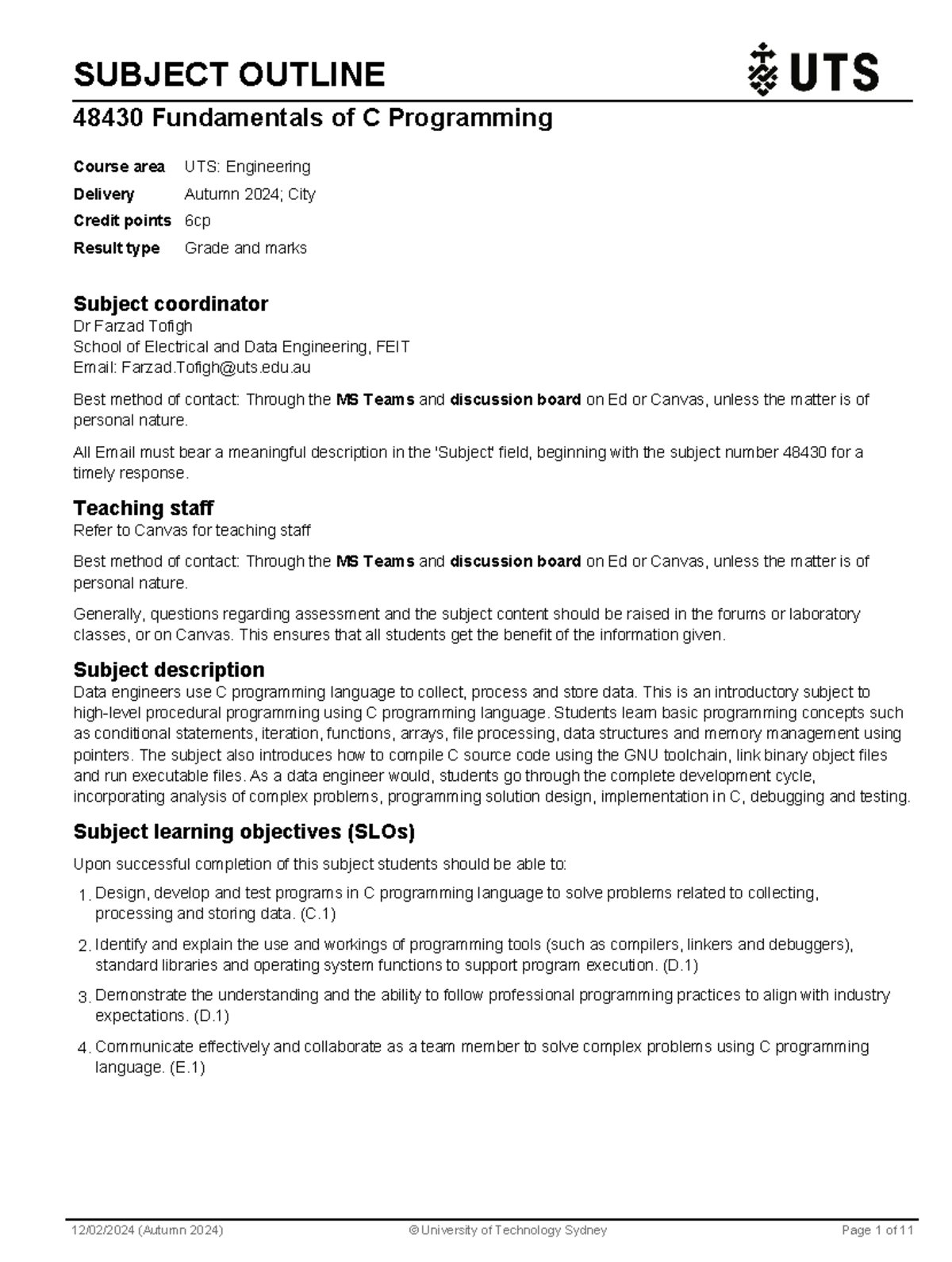 Autumn 2024 Subject Outline - SUBJECT OUTLINE 48430 Fundamentals of C ...