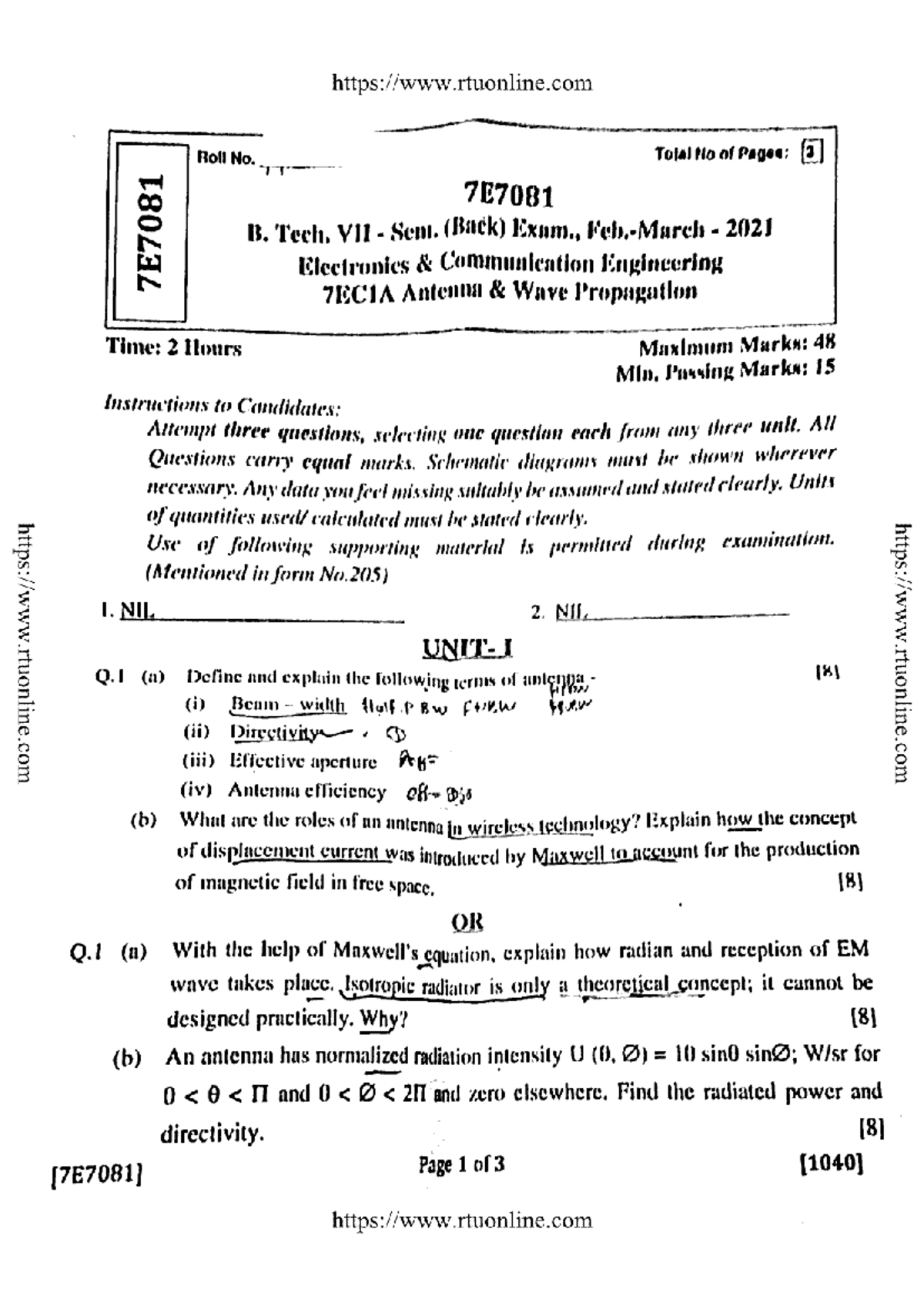 Btech ec 7 sem antenna and wave propagation 7e7081 mar 2021zzzzzzzzzzz ...