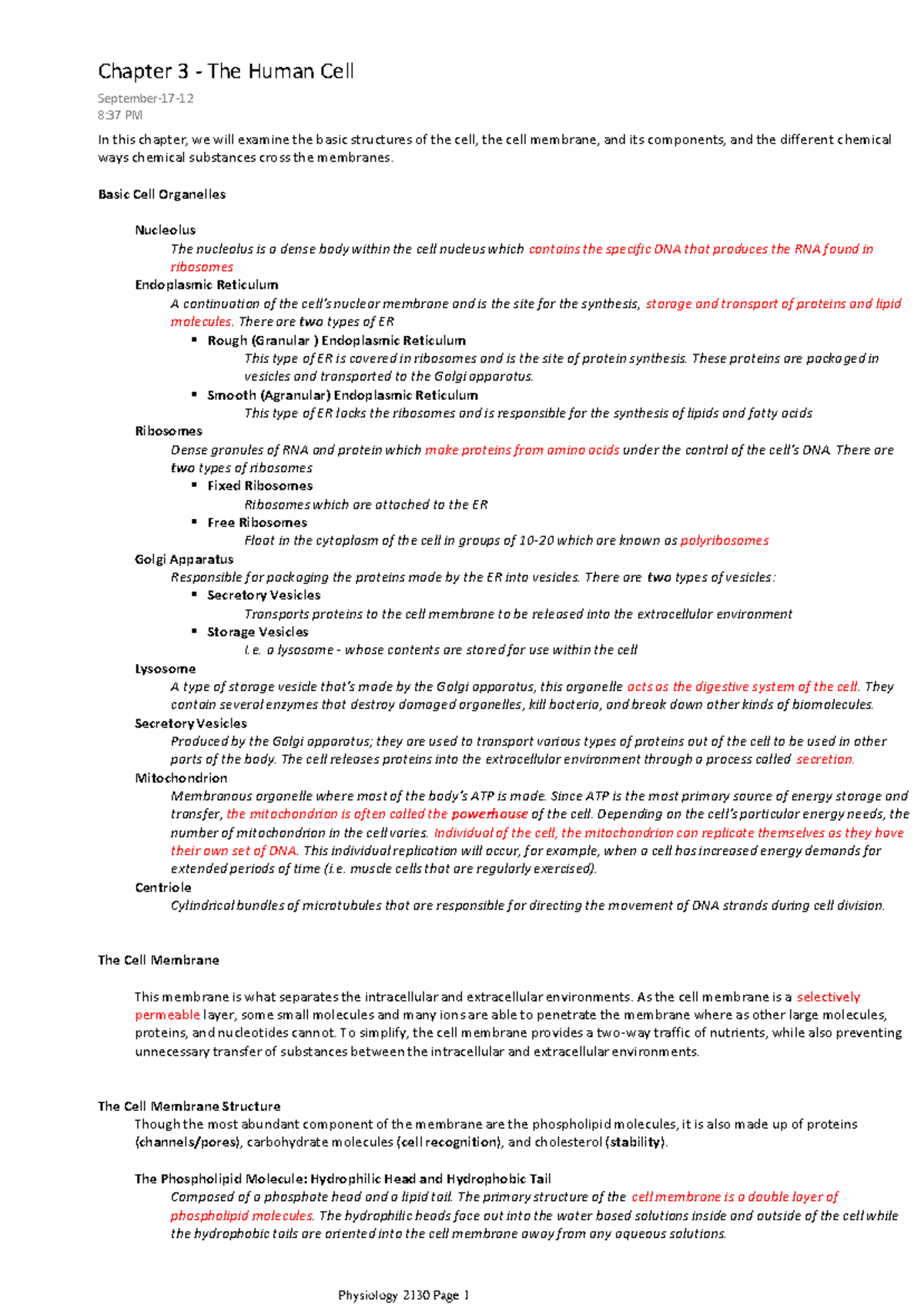 Chapter 3 The Human Cell - In this chapter, we will examine the basic ...