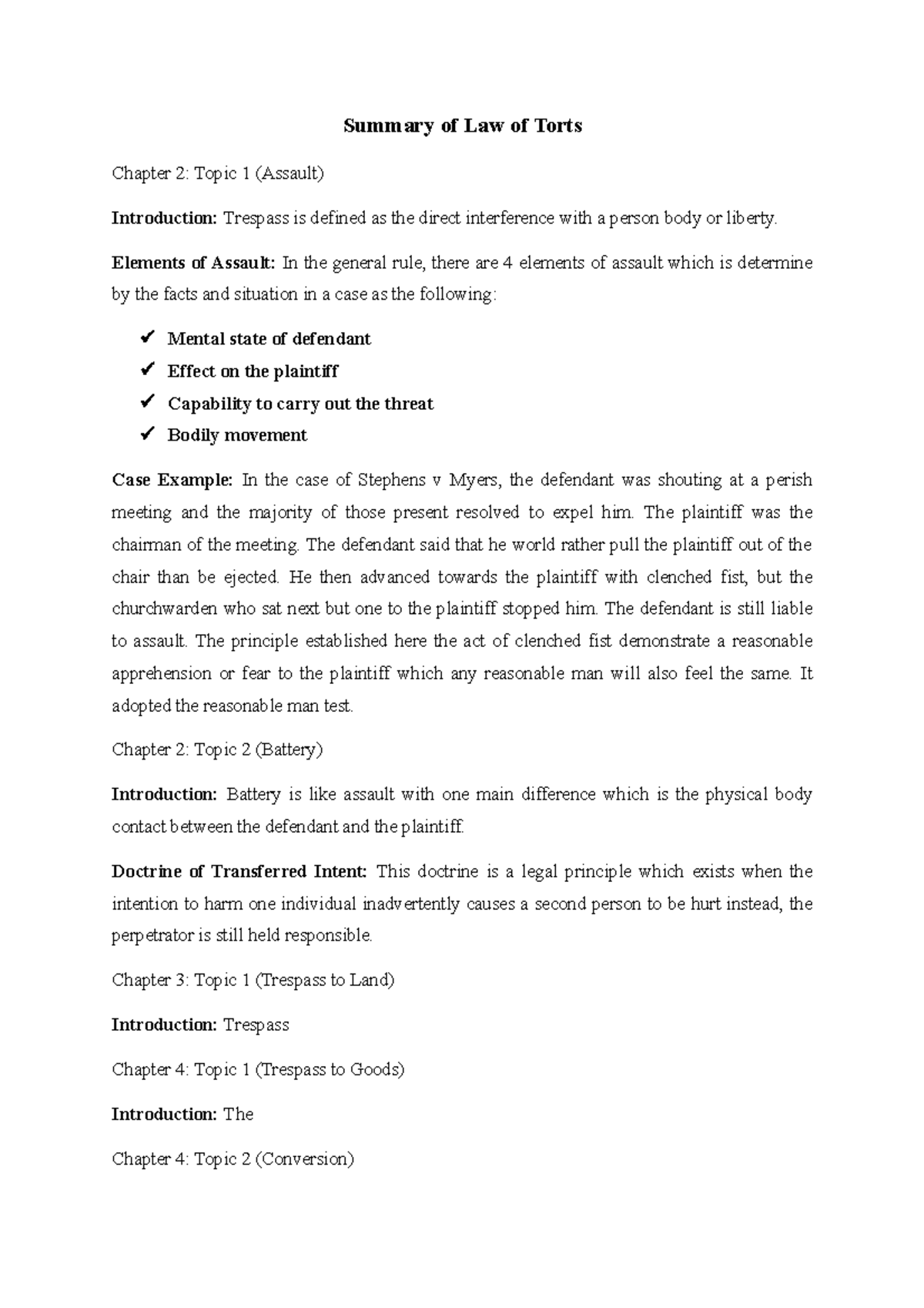Summary of Law of Torts - Summary of Law of Torts Chapter 2: Topic 1 (Assault) Introduction ...