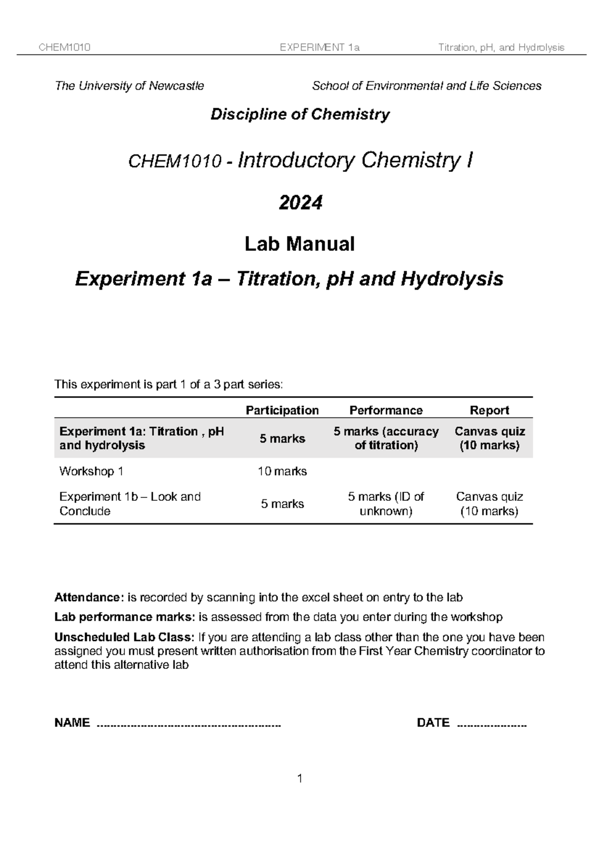 CHEM1010 2024 Expt1a Titration Student-1 - The University of Newcastle ...