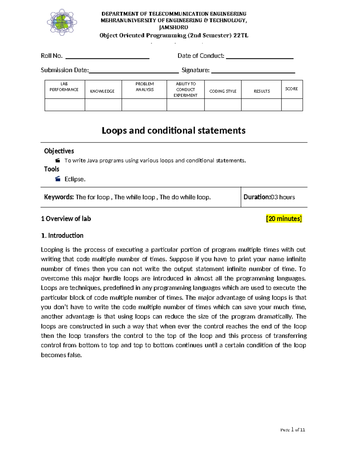 Lab 03 - MEHRANUNIVERSITY OF ENGINEERING & TECHNOLOGY, JAMSHORO Object ...