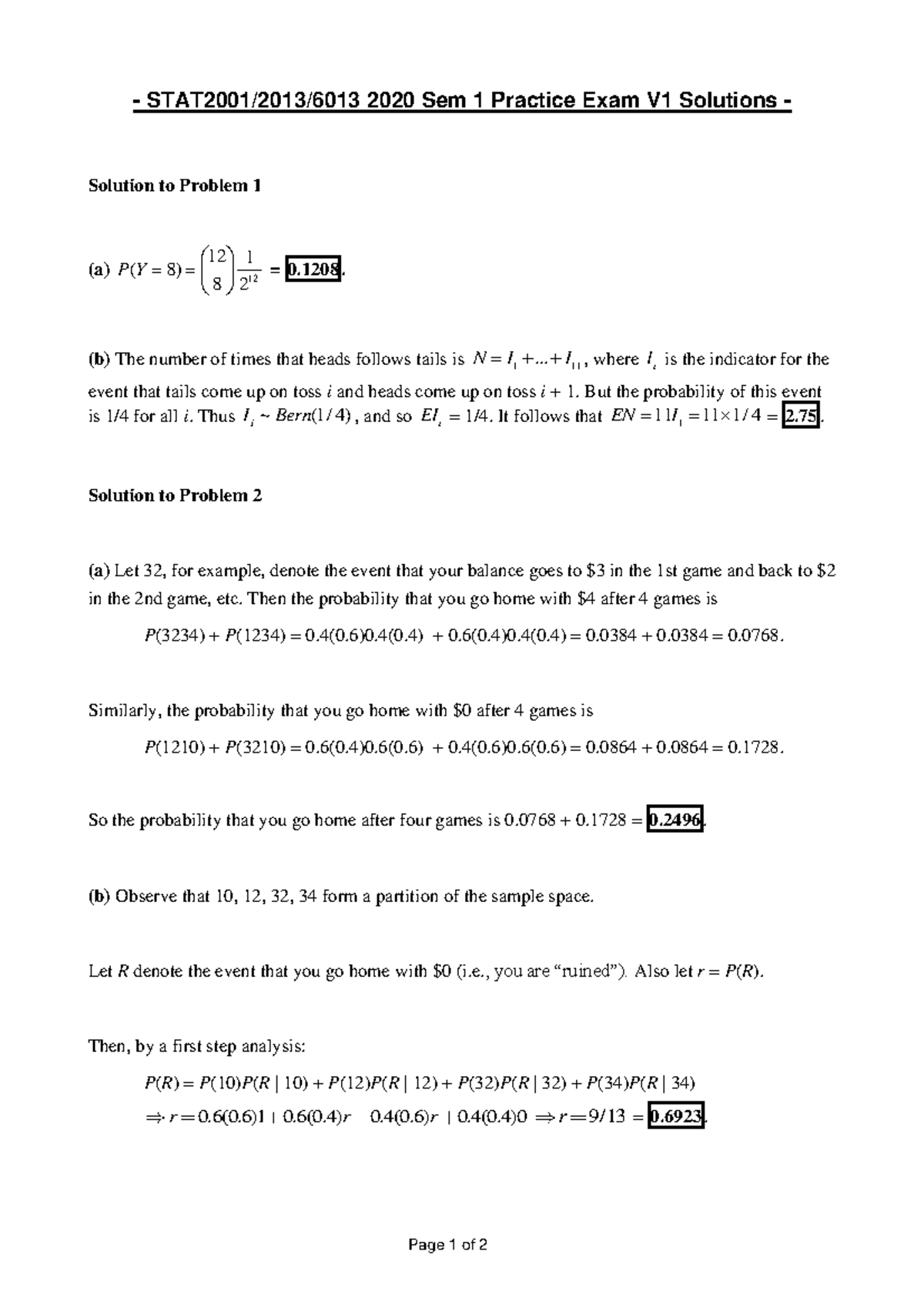 Exam, questions and answers - Page 1 of 2 - STAT2001/2013/6013 2020 Sem 1 Practice Exam V1 ...