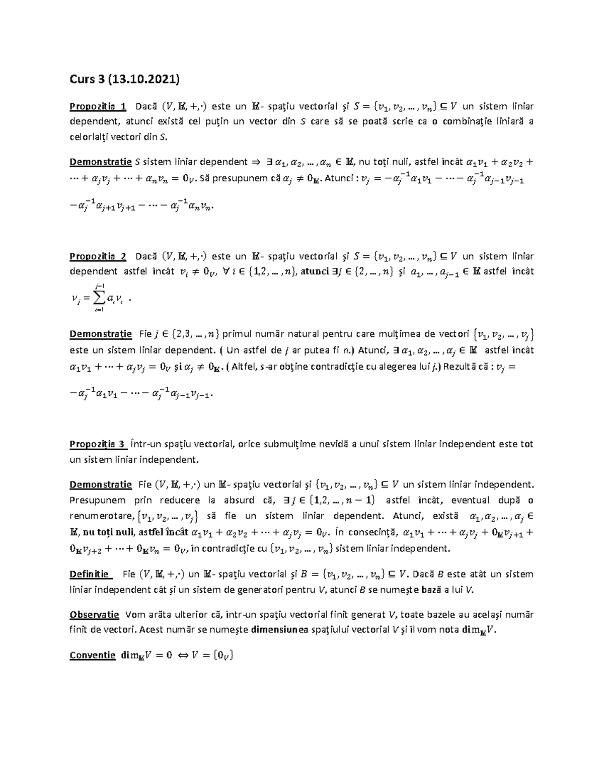 Curs 3 (13 - Curs 3 Algebra Liniara - Curs 3 (13.10) Propoziția 1 Dacă este un - spațiu ...