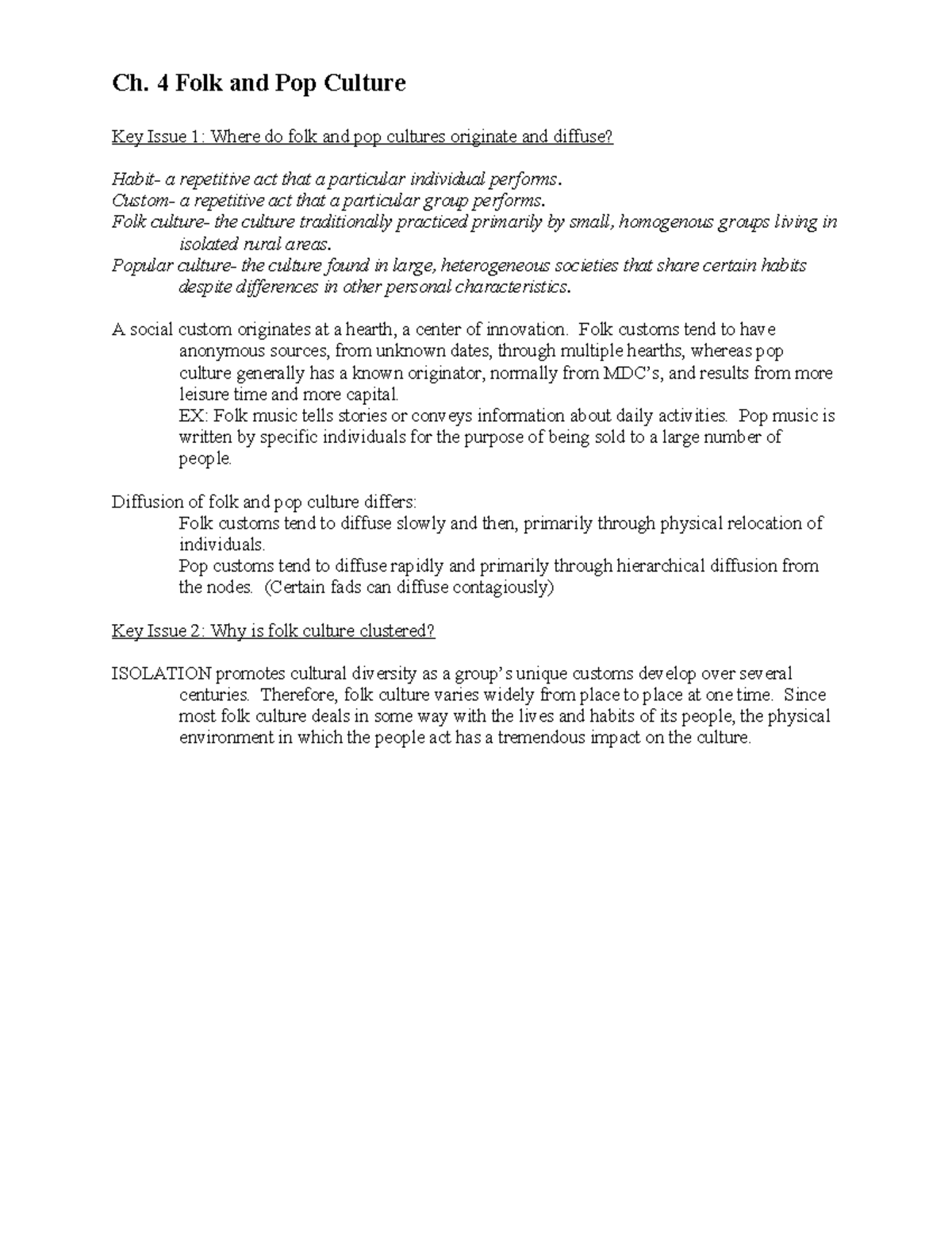Chapter 4 Culture Keys - Notes - Ch. 4 Folk and Pop Culture Key Issue 1 ...