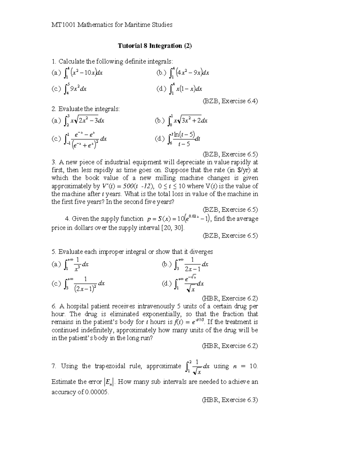 Tutorial week 8 Integration 2 - MT1 0 01 Mathematics for Maritime ...