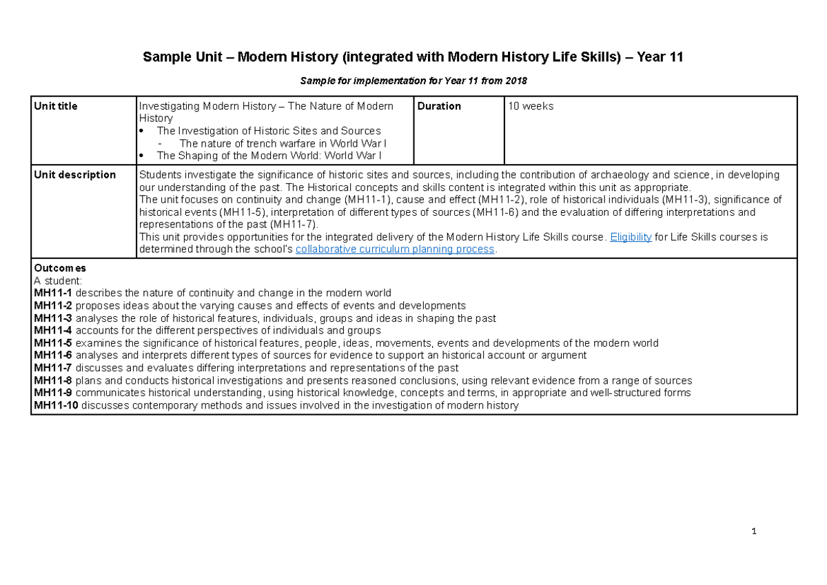 Modern history stage 6 year 11 sample unit the investigation of ...