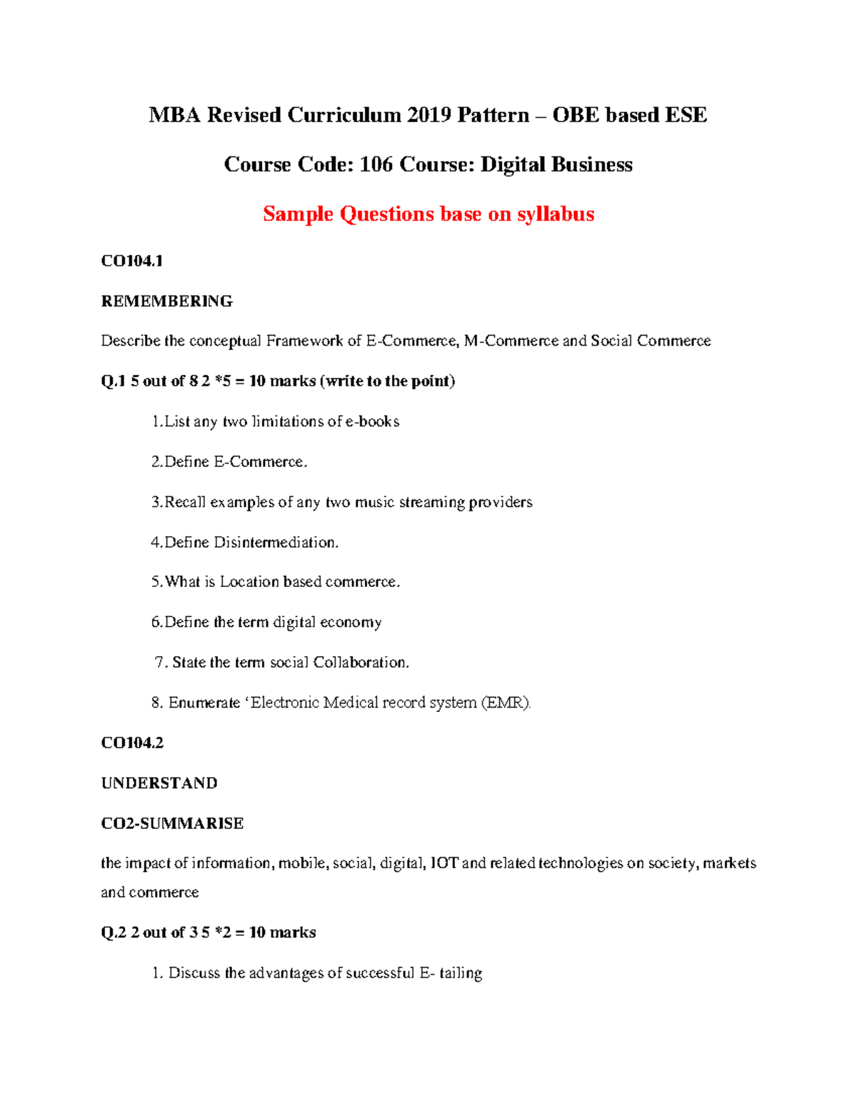 MBA Revised Curriculum 2019 Pattern - REMEMBERING Describe the ...