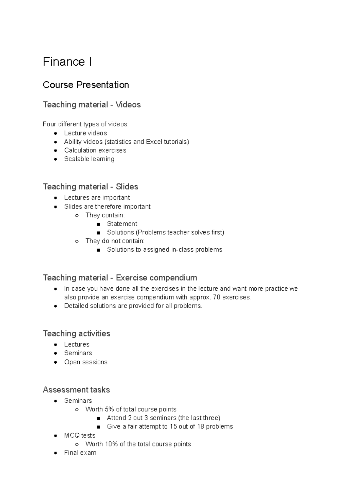 Finance - Lectures - Finance I Course Presentation Teaching material ...