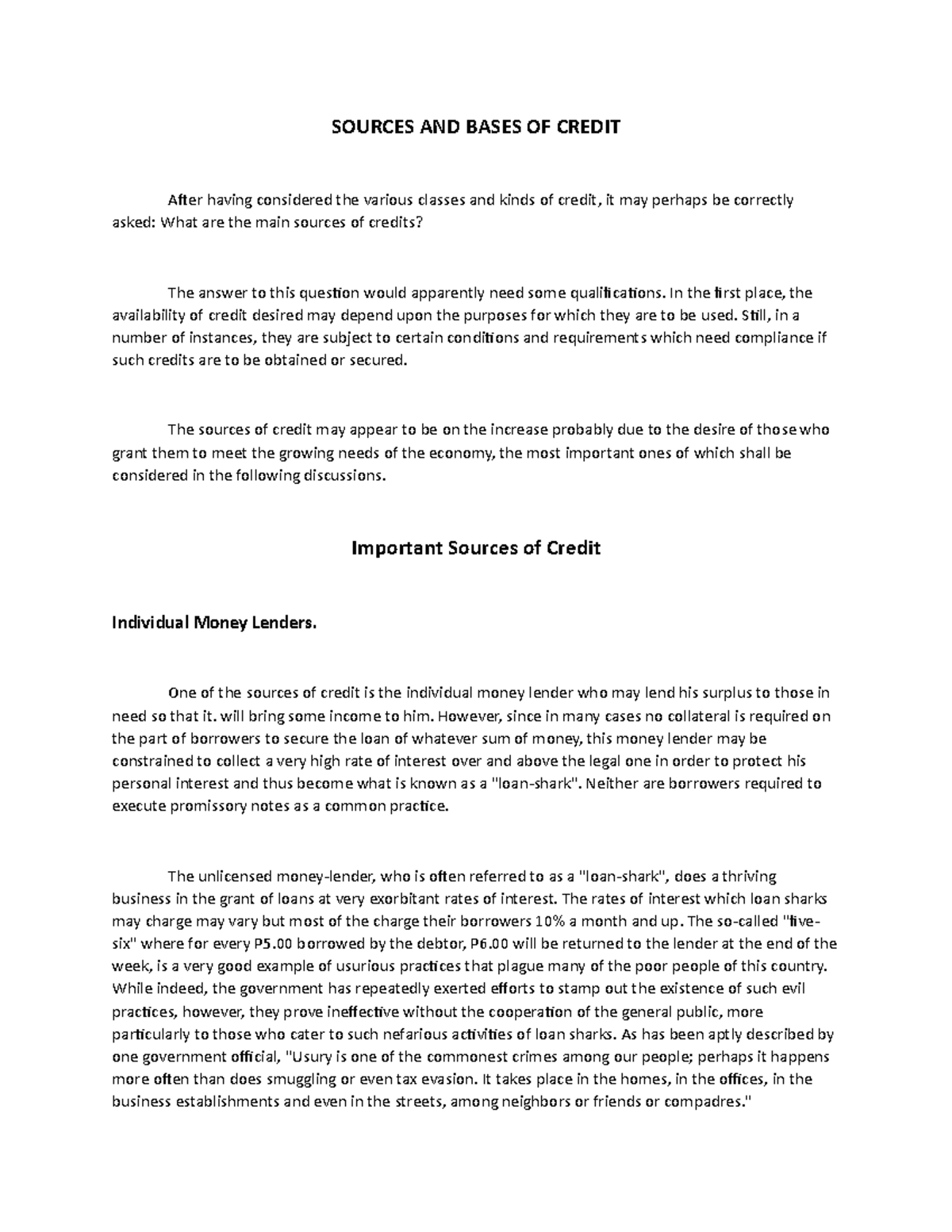 Sources AND Bases OF Credit - SOURCES AND BASES OF CREDIT After having ...