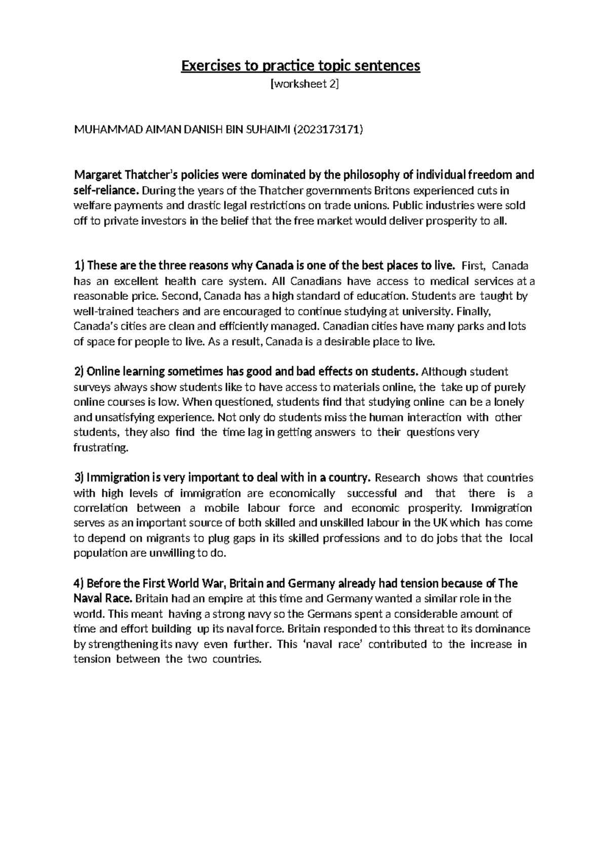 Exercise Topic Sentence 1 - Exercises to practice topic sentences ...