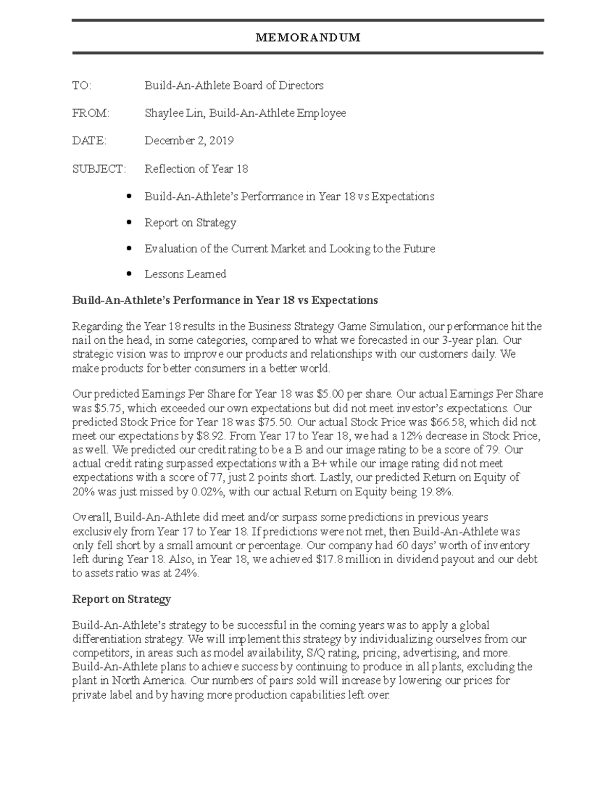 Strategic Analysis MEMO - MEMORANDUM TO: Build-An-Athlete Board of ...