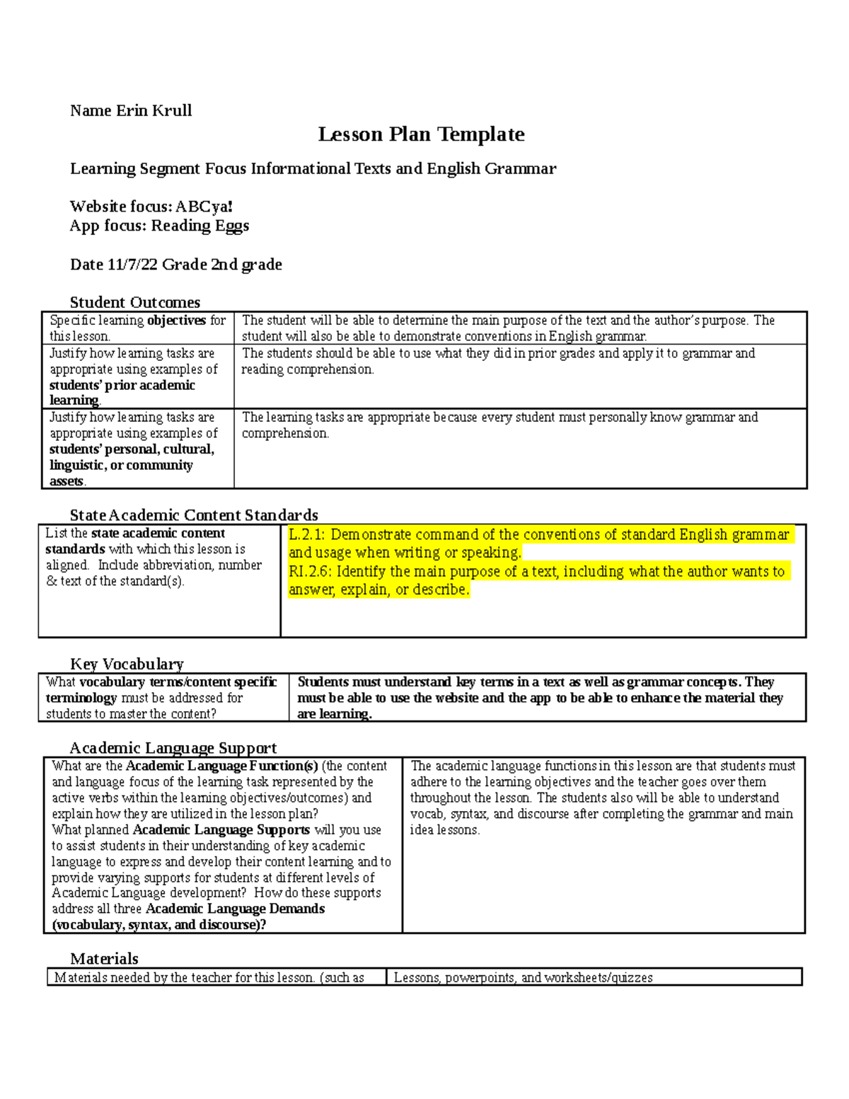 Lesson Plan - essay - Name Erin Krull Lesson Plan Template Learning ...