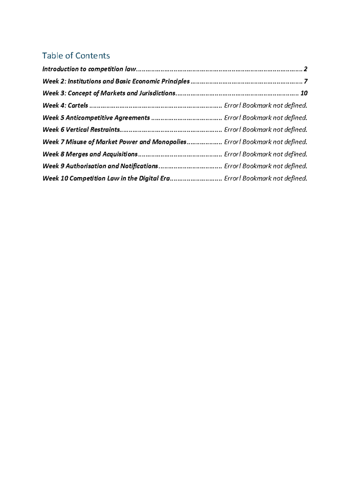 Example Notes - Table of Contents Introduction to competition law - Studocu