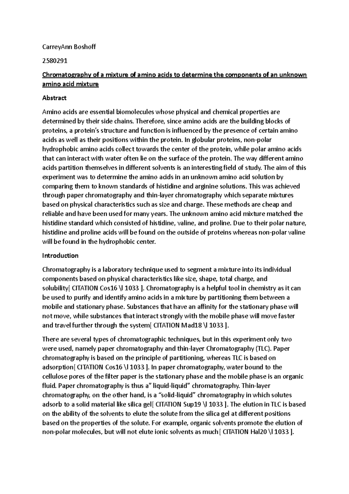 Chromatography of amino acids Lab report - CarreyAnn Boshoff 2580291 ...
