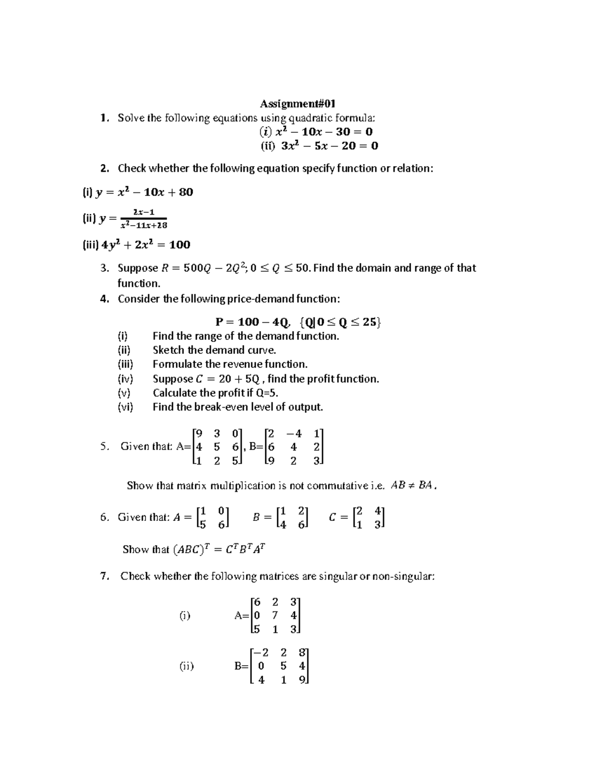 Assignment 01 - practice - Assignment# Solve the following equations ...
