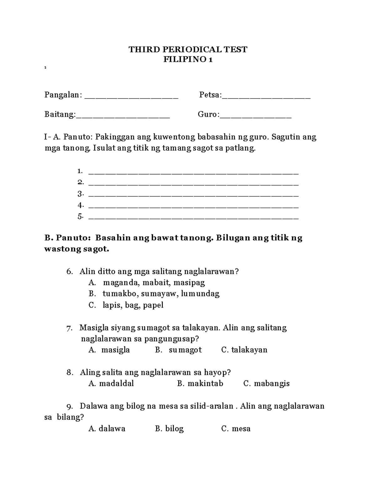 PT Filipino 1 Q3 - Lesson plan - THIRD PERIODICAL TEST FILIPINO 1 s ...