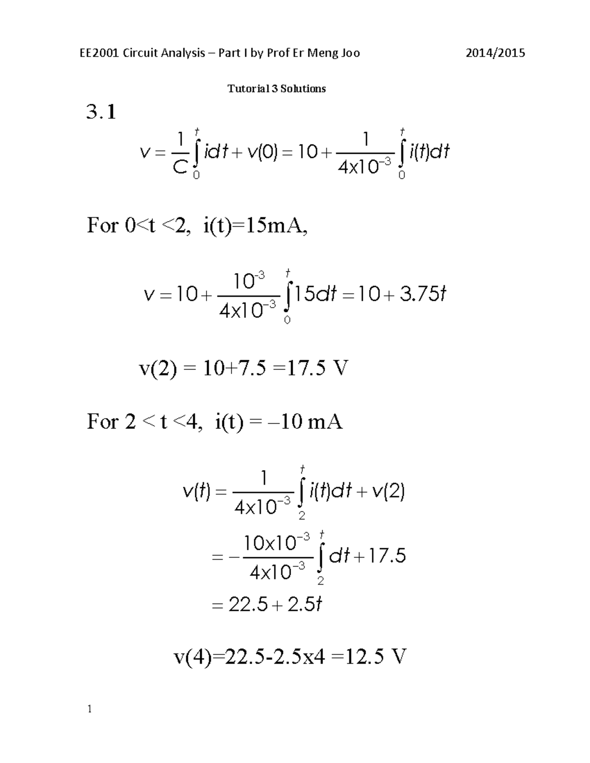 EE2001 T3 Solutions - EE2001 Circuit Analysis – Part I by Prof Er Meng Joo 2014/2015 Tutorial 3 ...