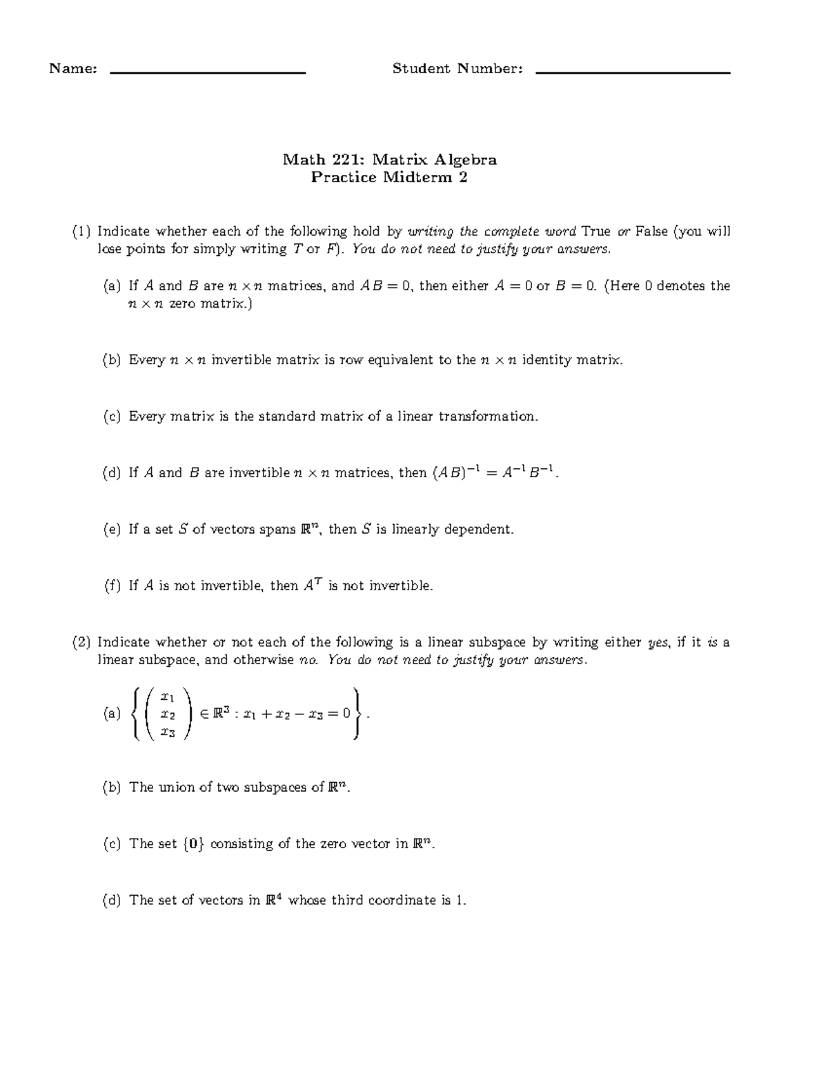 Mid2-practice 1 - Name: Student Number: Math 221: Matrix Algebra ...