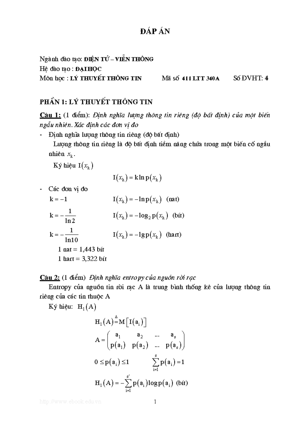Bài tập và gợi ý giải môn học Lý thuyết thông tin - ® ̧p ̧n Ngμnh ®μo t¹o: §iÖn tö – viÔn th«ng ...