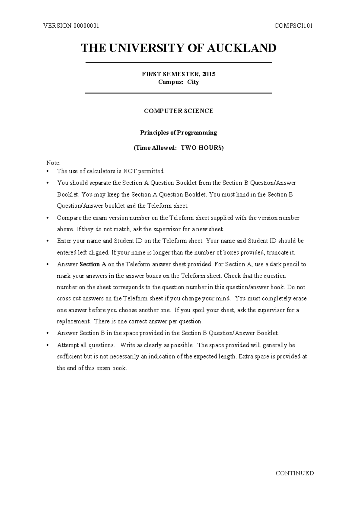 Exam 2015, questions - VERSION 00000001 COMPSCI THE UNIVERSITY OF ...