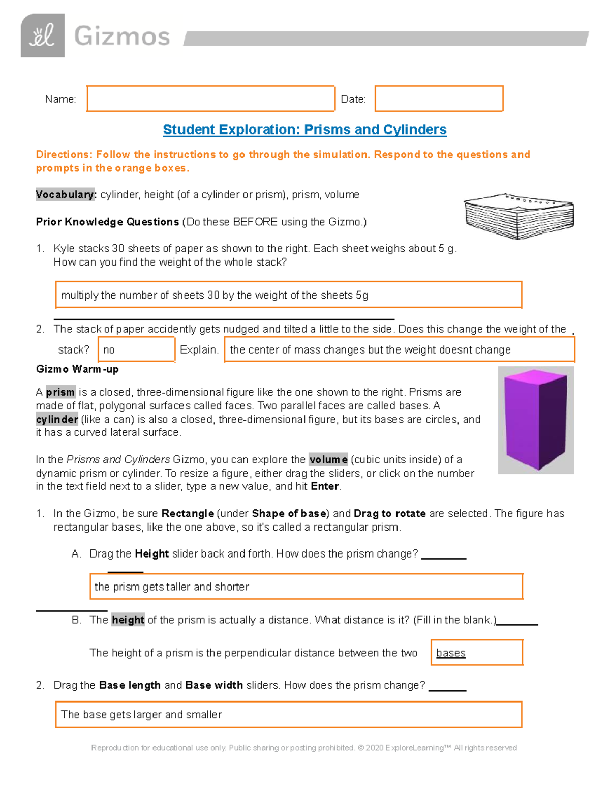 Copy of Copy of Prism Cylinder SE - Name: Date: Student Exploration: Prisms and Cylinders - Studocu