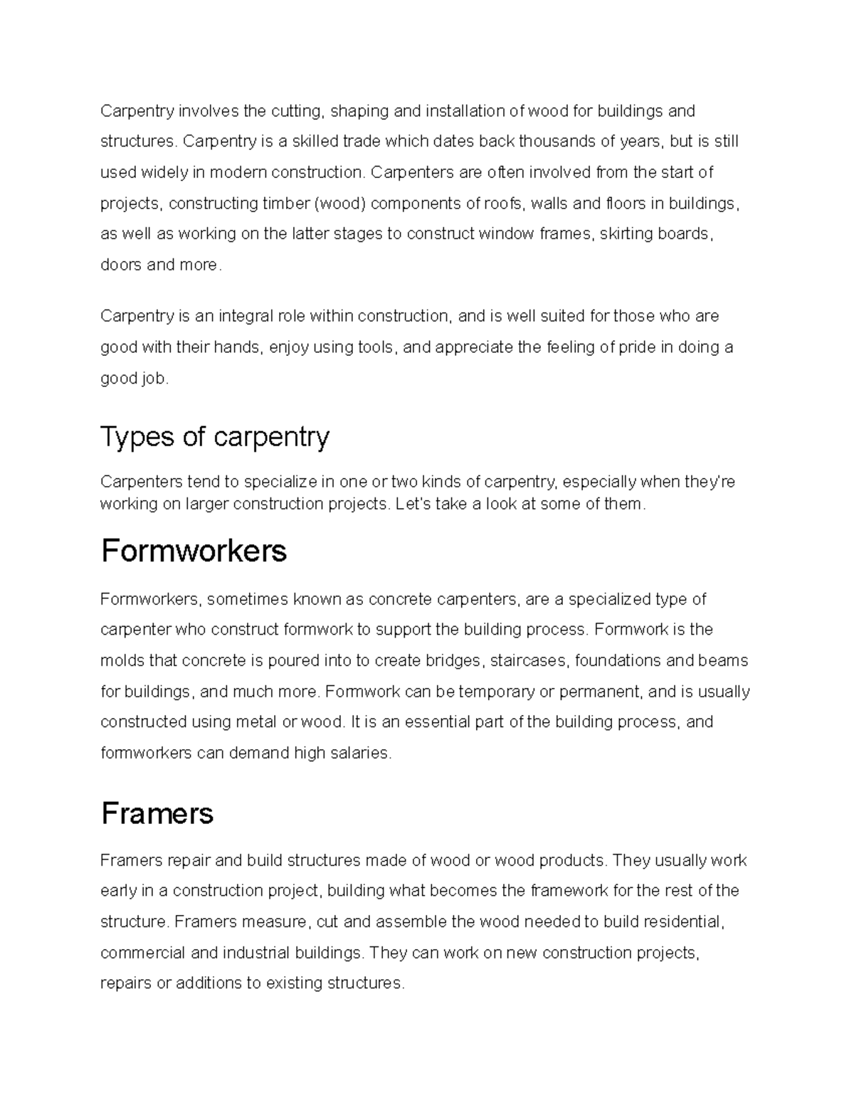 Diploma in Carpentry studies - Carpentry involves the cutting, shaping ...