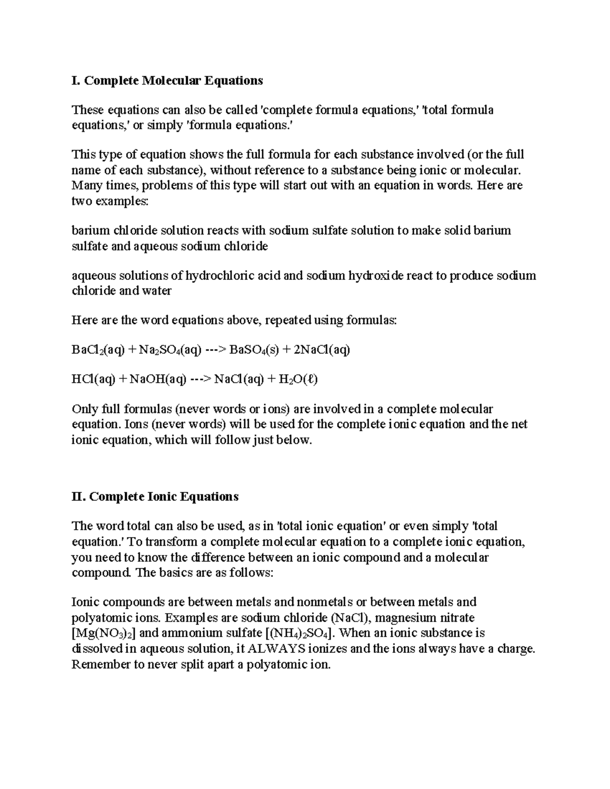 Ionicplusexample - Tim 101 - I. Complete Molecular Equations These ...