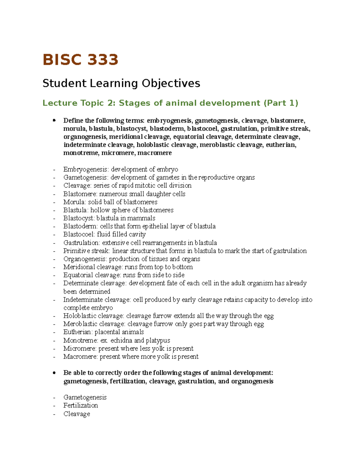 BISC 333 topic 2 LO - summary of lecture notes - BISC 333 Student ...