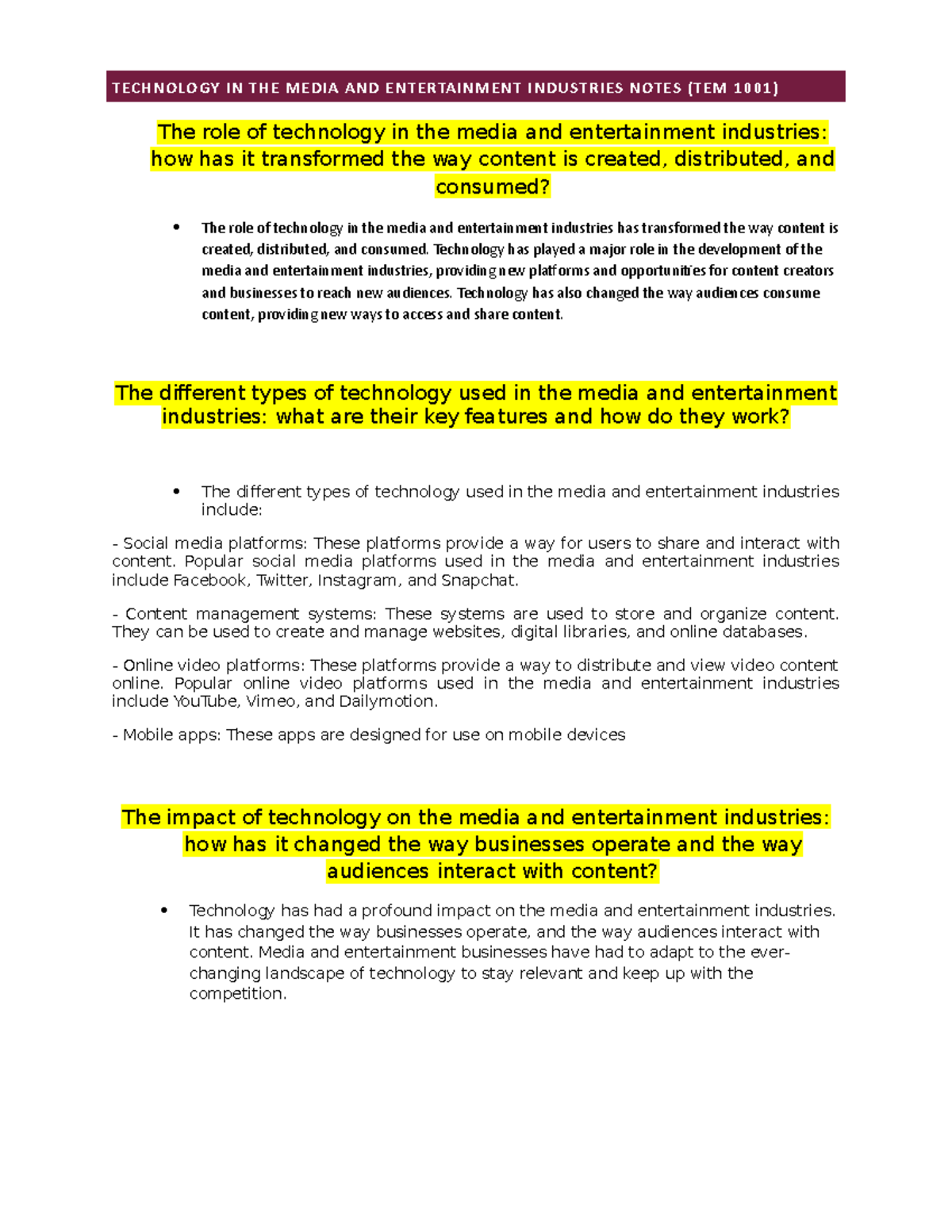 TEMLecture Notes - TECHNOLOGY IN THE MEDIA AND ENTERTAINMENT INDUSTRIES ...