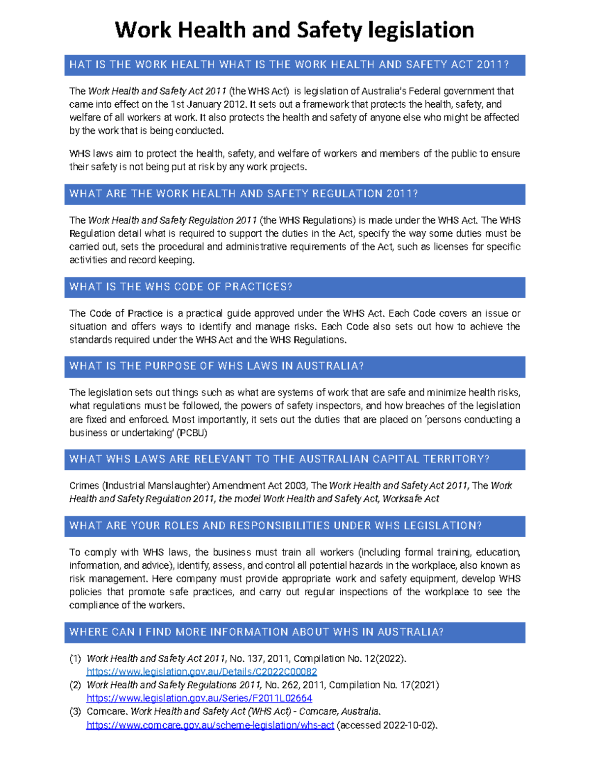 Handout 01 - Handbook - Work Health and Safety legislation HAT IS THE ...