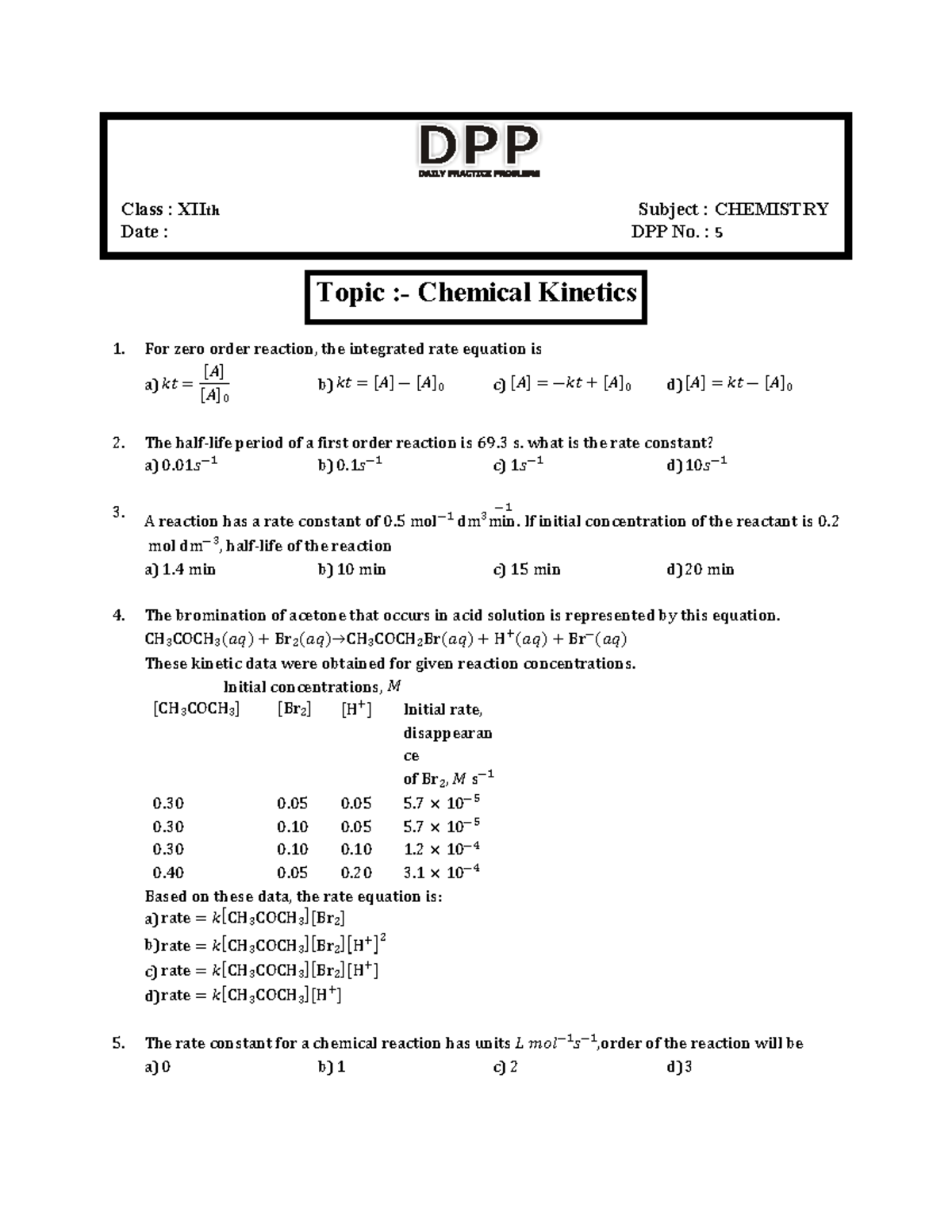 DPP - 5-1 - Abcd - Class : XIIth Subject : CHEMISTRY Date : DPP No. : 5 ...