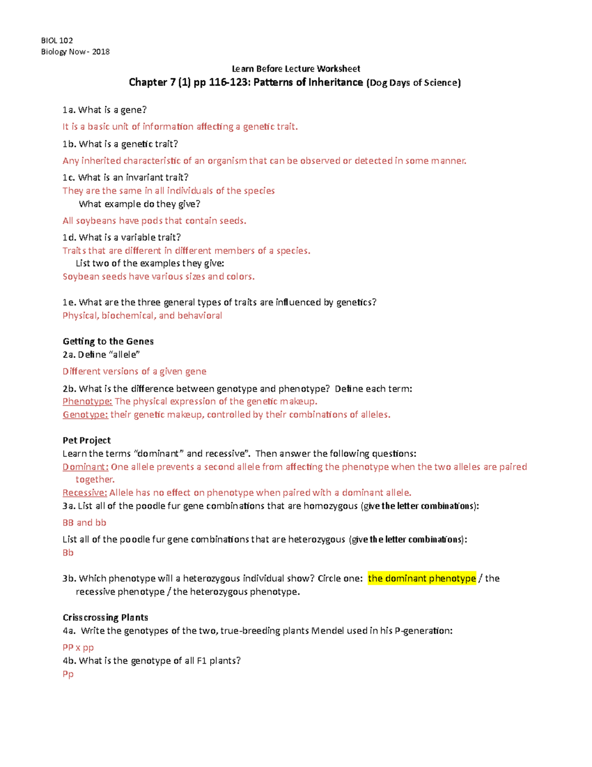 LBL-6. Patterns of inheritance-Ch 7 2019 - BIOL 102 Biology Now 2018 ...