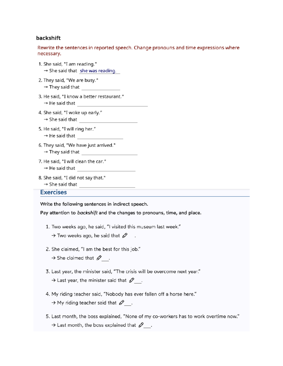 UNIT 5 Lesson 1-2 classwork - Inglés I - Rewrite each sentence in indirect speech. Make all ...