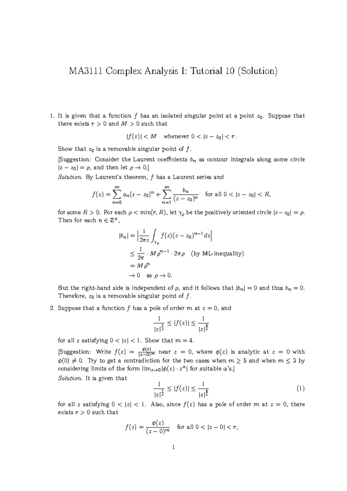 Isolated singular - theory of functions of a complex variable - MA3111 Complex Analysis I ...