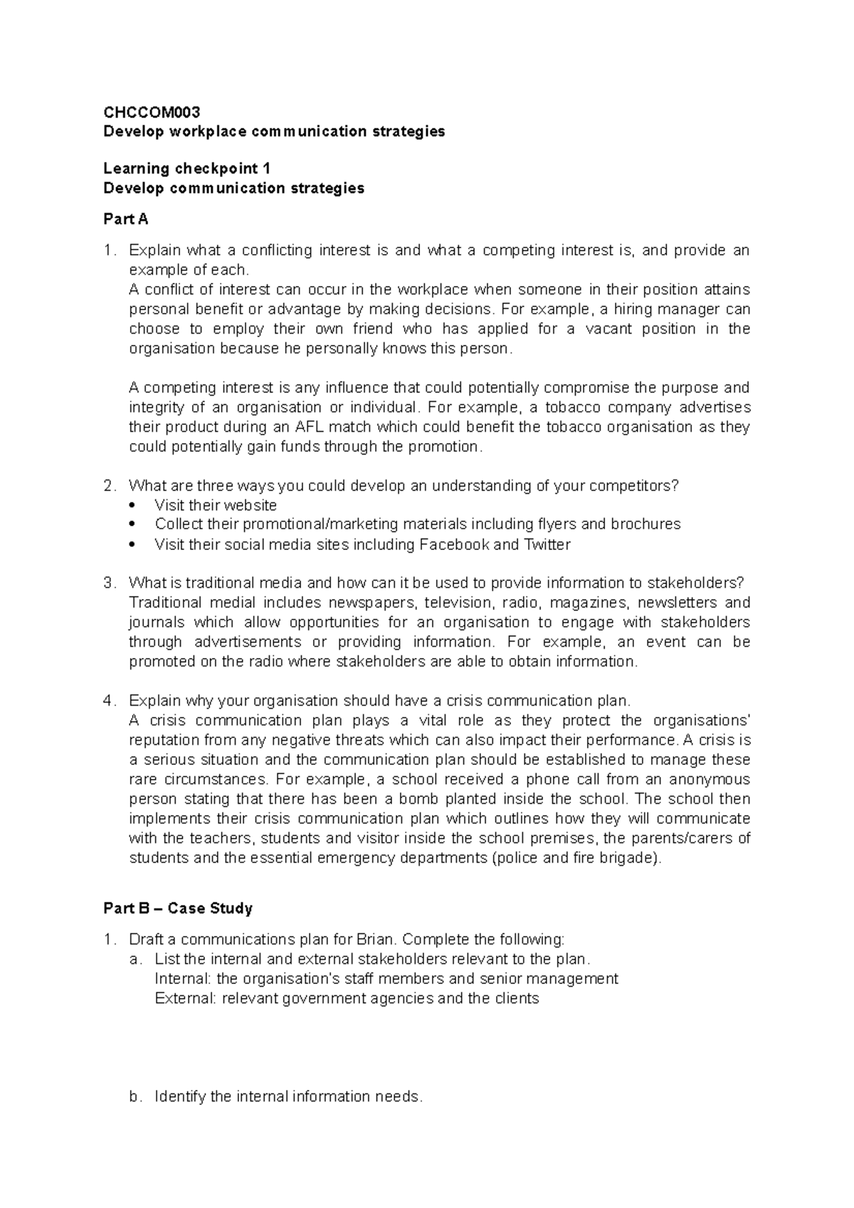 CHCCOM003 Develop workplace communication strategies - Learning checkpoint 1 - CHCCOM Develop ...