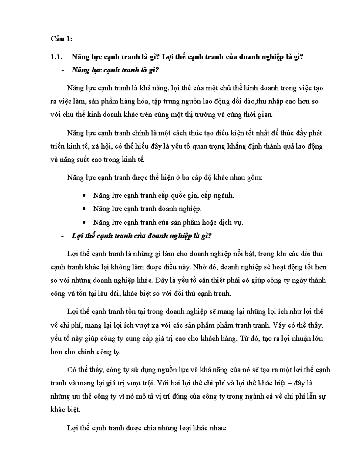 J zãy - fgfgf - Câu 1: Năng lực cạnh tranh là gì? Lợi thế cạnh tranh của doanh nghiệp là gì ...