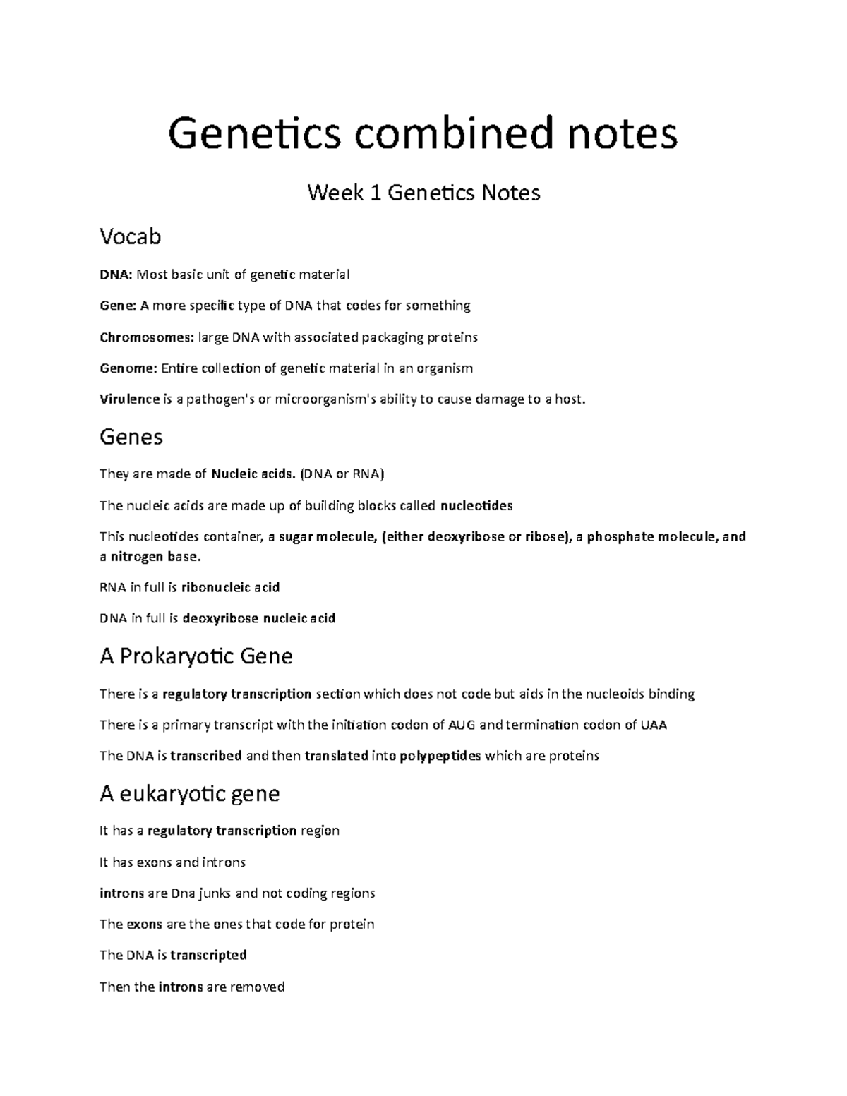 01 Genetics combined notes - Copy - Genetics combined notes Week 1 ...