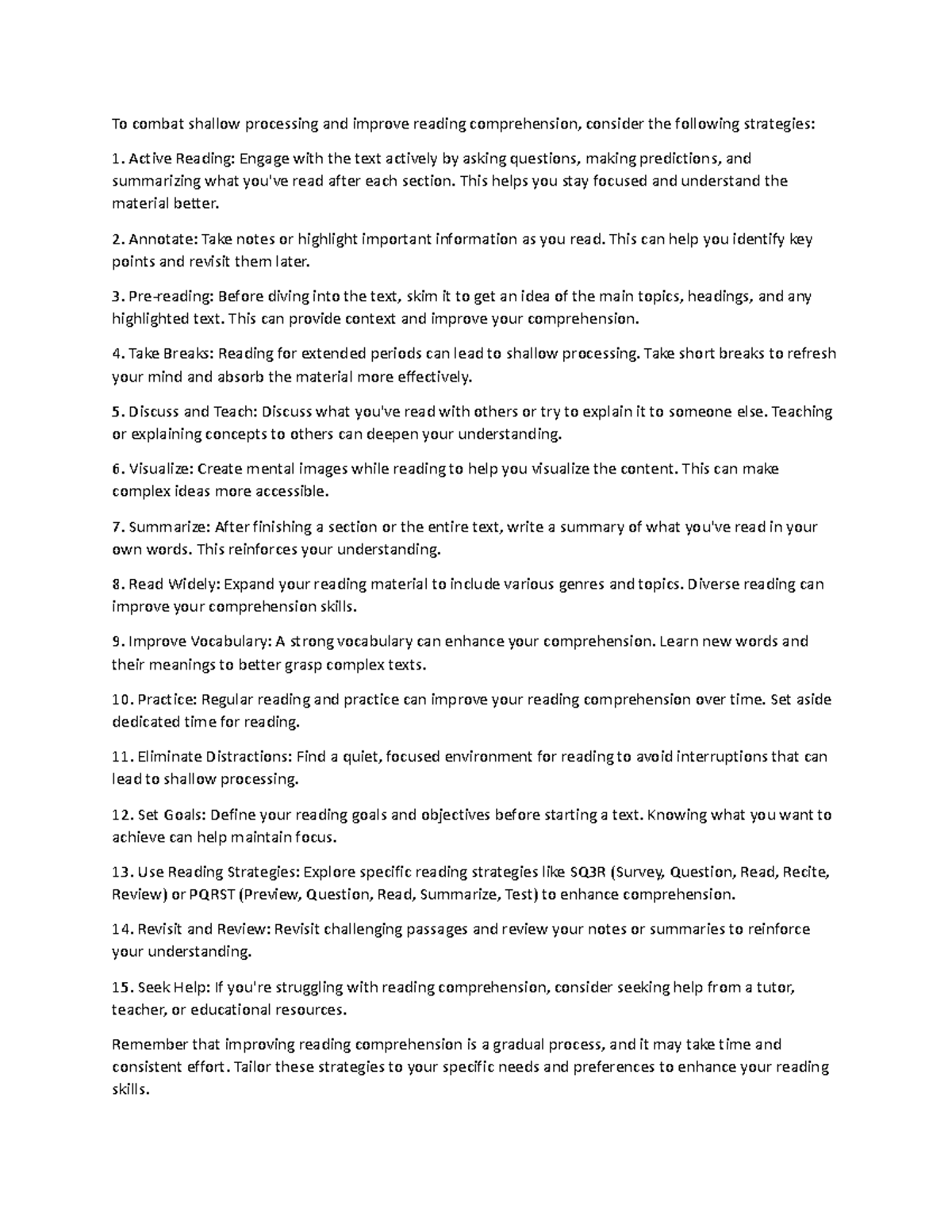 Study & Learning tips - To combat shallow processing and improve reading comprehension, consider ...