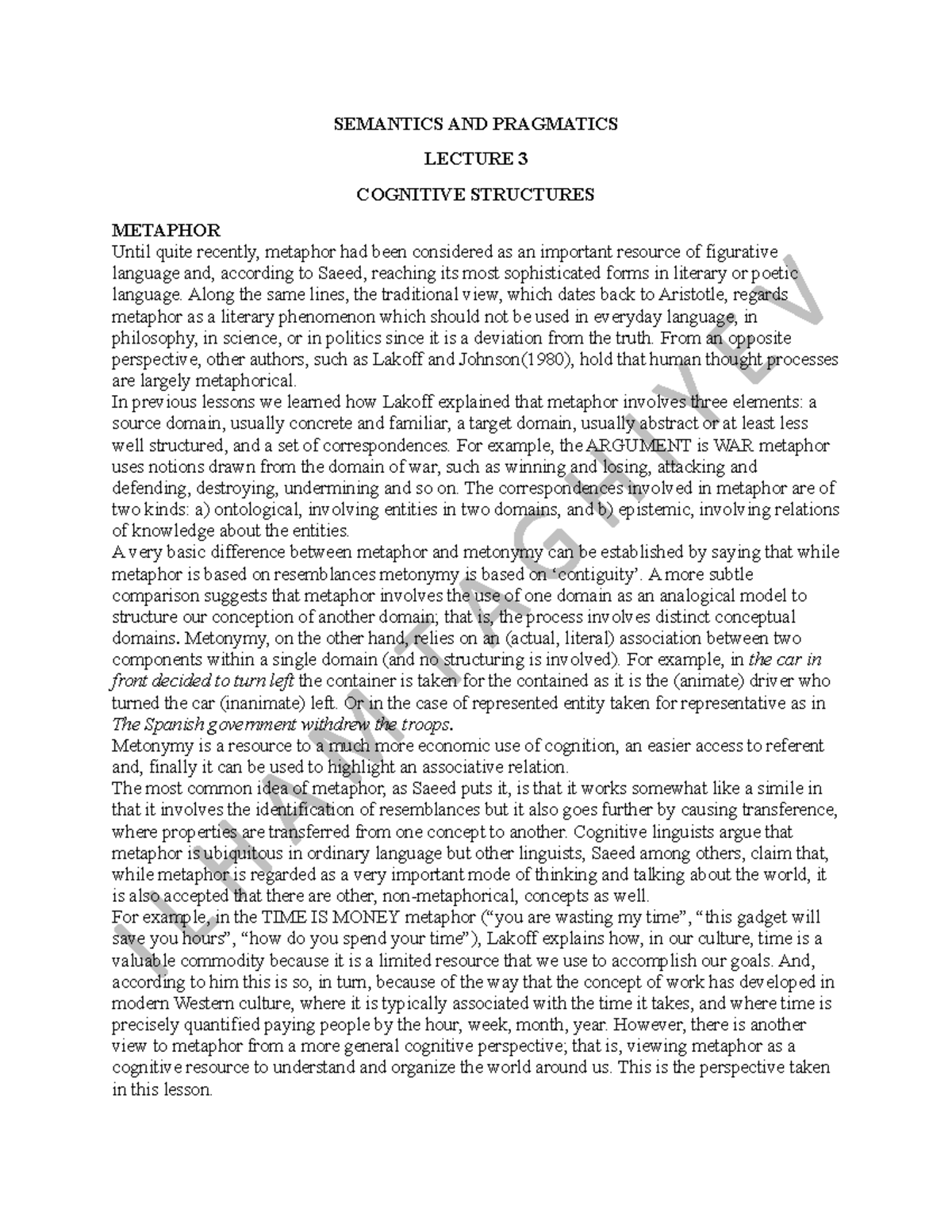 Semantics and Pragmatics Lecture 3 - SEMANTICS AND PRAGMATICS LECTURE 3 COGNITIVE STRUCTURES ...