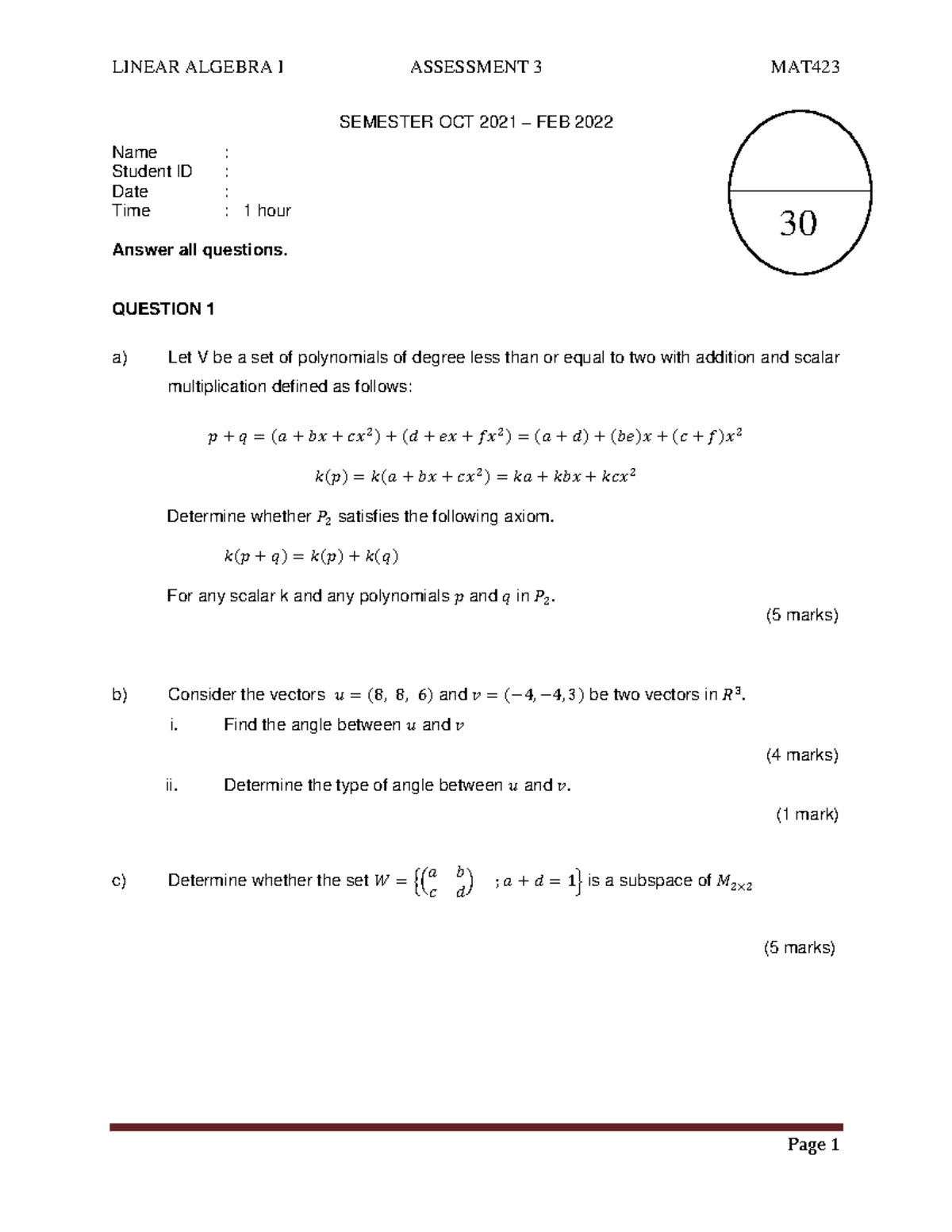 MAT423 Assessment 3 OCT 2021 - LINEAR ALGEBRA I ASSESSMENT 3 MAT Page 1 ...