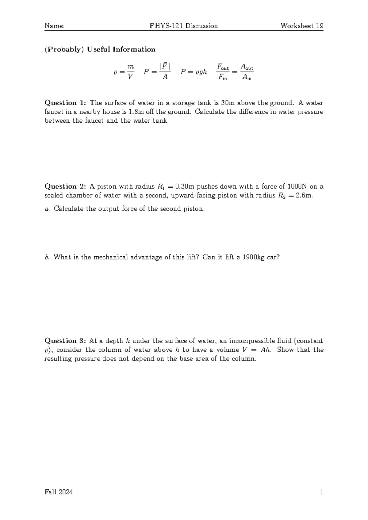 Work-19 - chap. 8,9 practice - Name: PHYS-121 Discussion Worksheet 19 ...